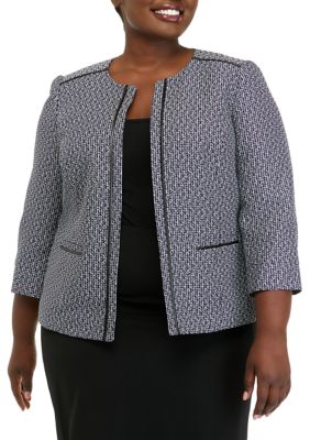 Kasper Plus Size 3/4 Sleeve Leather Piped Tweed Jacket | belk