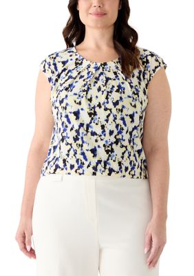 Kasper Plus Size Extended Shoulder Pleated Print Top | Belk
