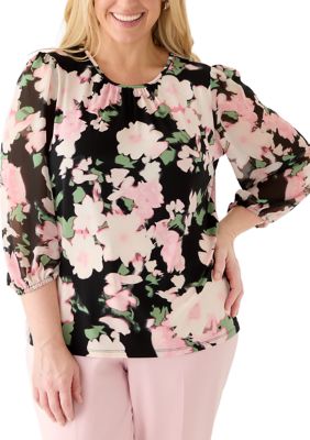 Kasper Plus Size Shirred Neck Floral Print Top | Belk