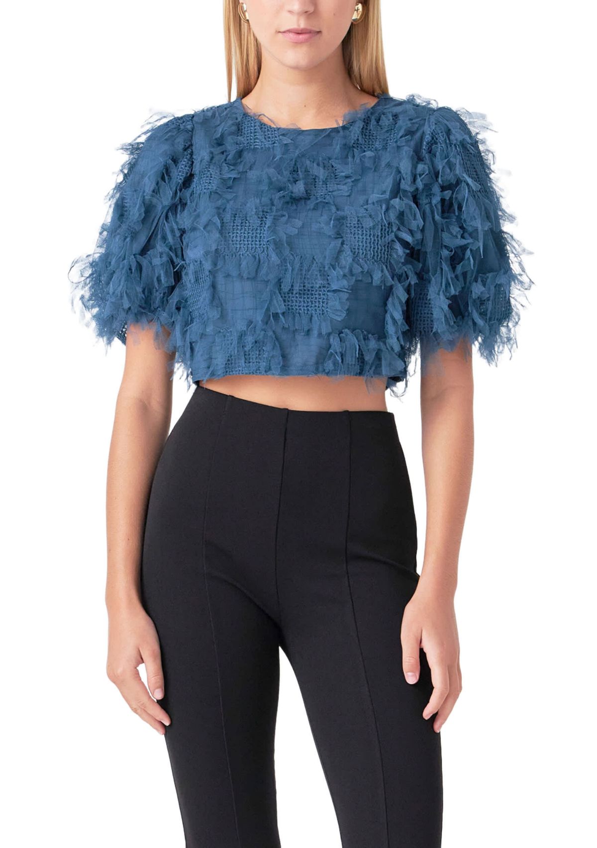 Endless Rose Gridded Mesh Feathered Cropped Top | Belk