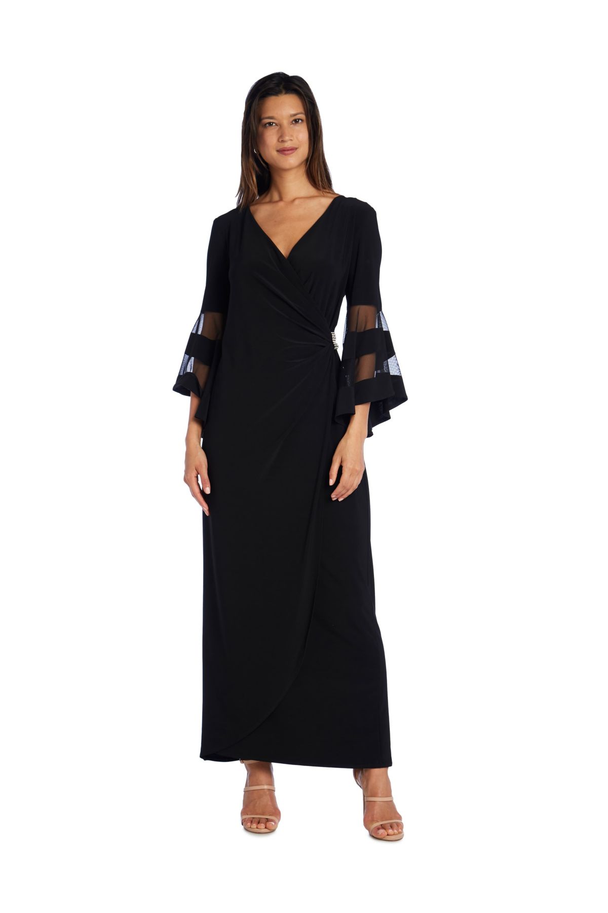 R & M Richards Missy Sheer Trim Angel Sleeve Long Wrap Dress | Belk