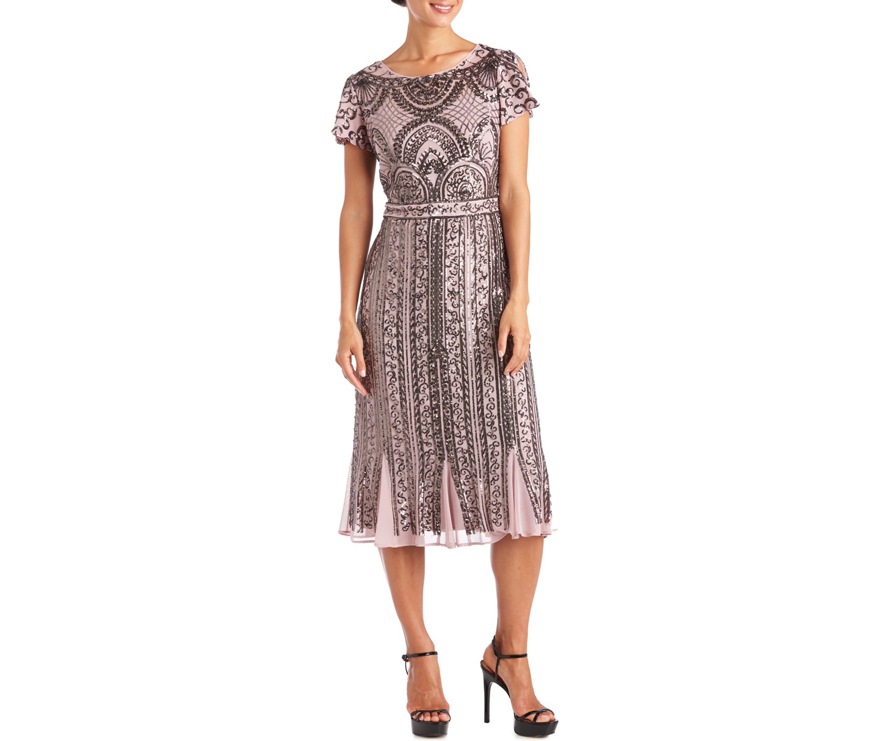Gotham Steel Art Deco Godet Inset Tea Length Mesh Beaded Dress | Belk