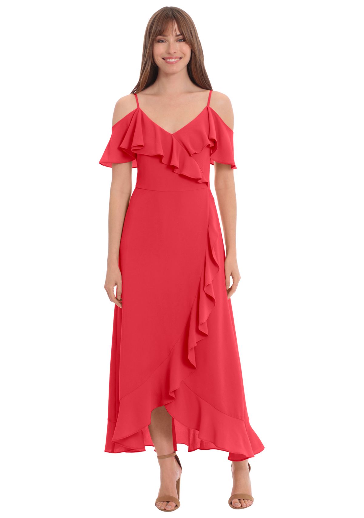 London Times Women's Short Sleeve Cold Shoulder Solid Ruffle Maxi Dress ...