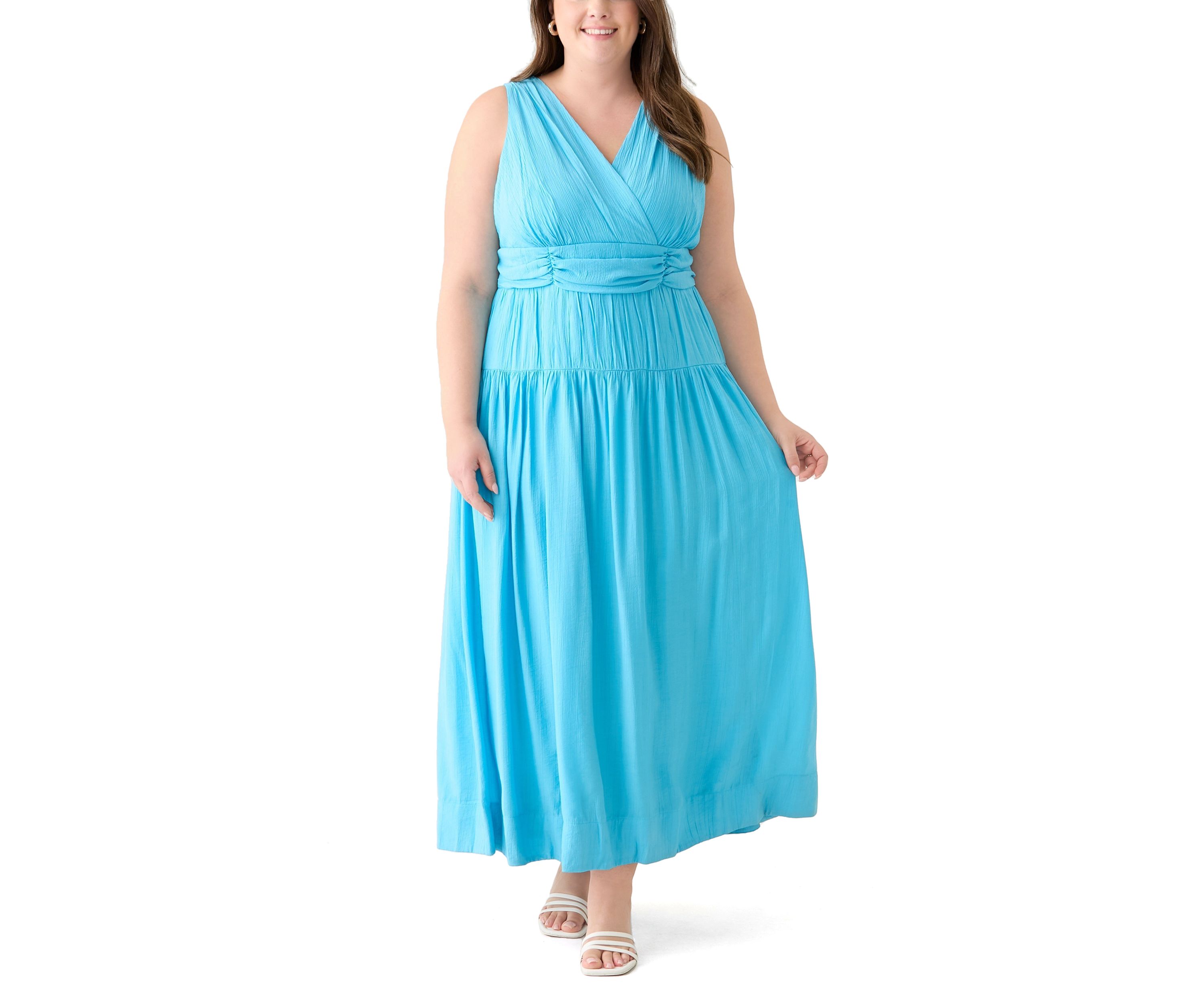 Maison Tara Plus Size Sleeveless V-Neck Solid Fit and Flare Dress | Belk