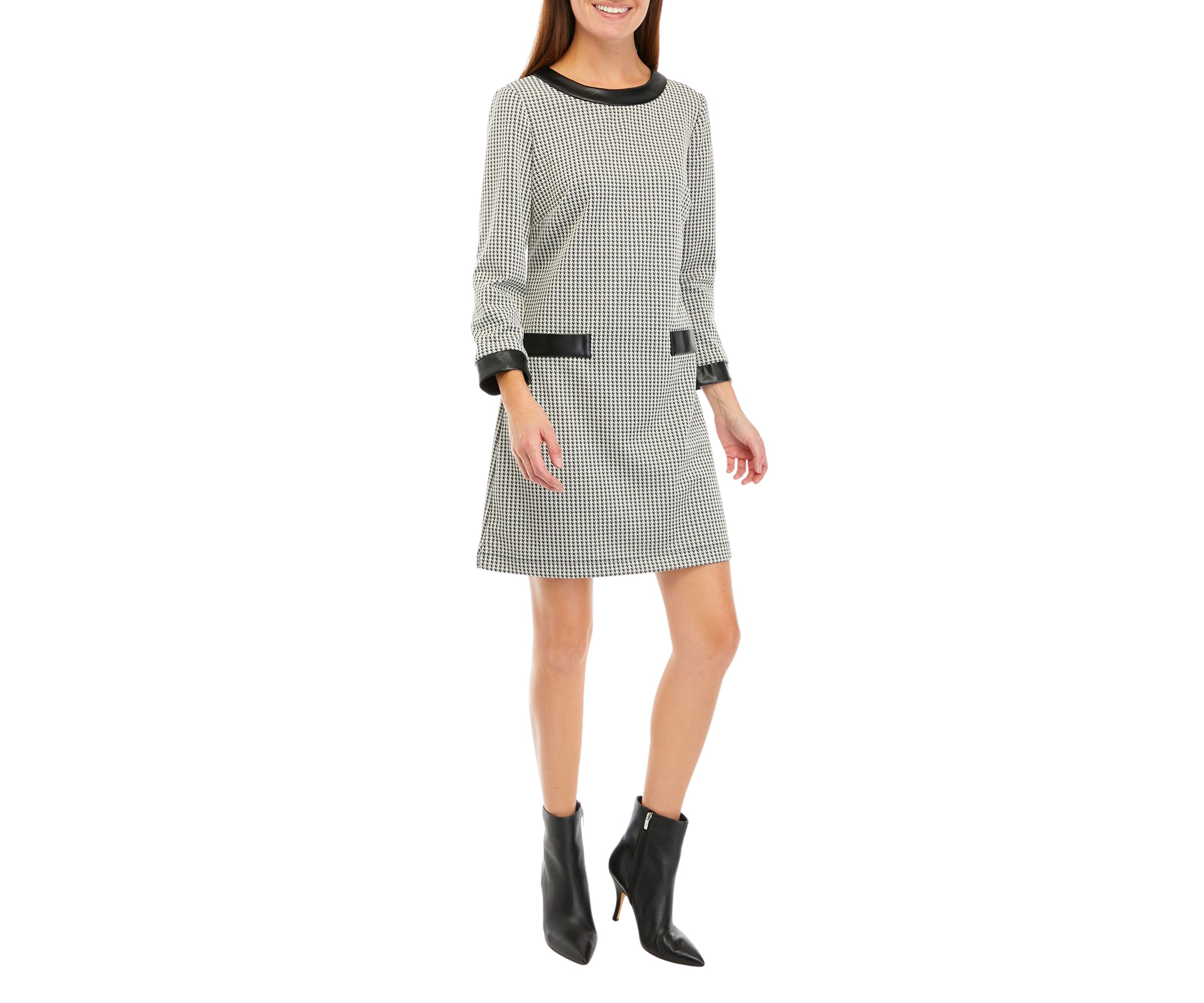 Maison Tara Women's Long Sleeve Houndstooth Sheath Dress with Faux Leather Trim | Belk