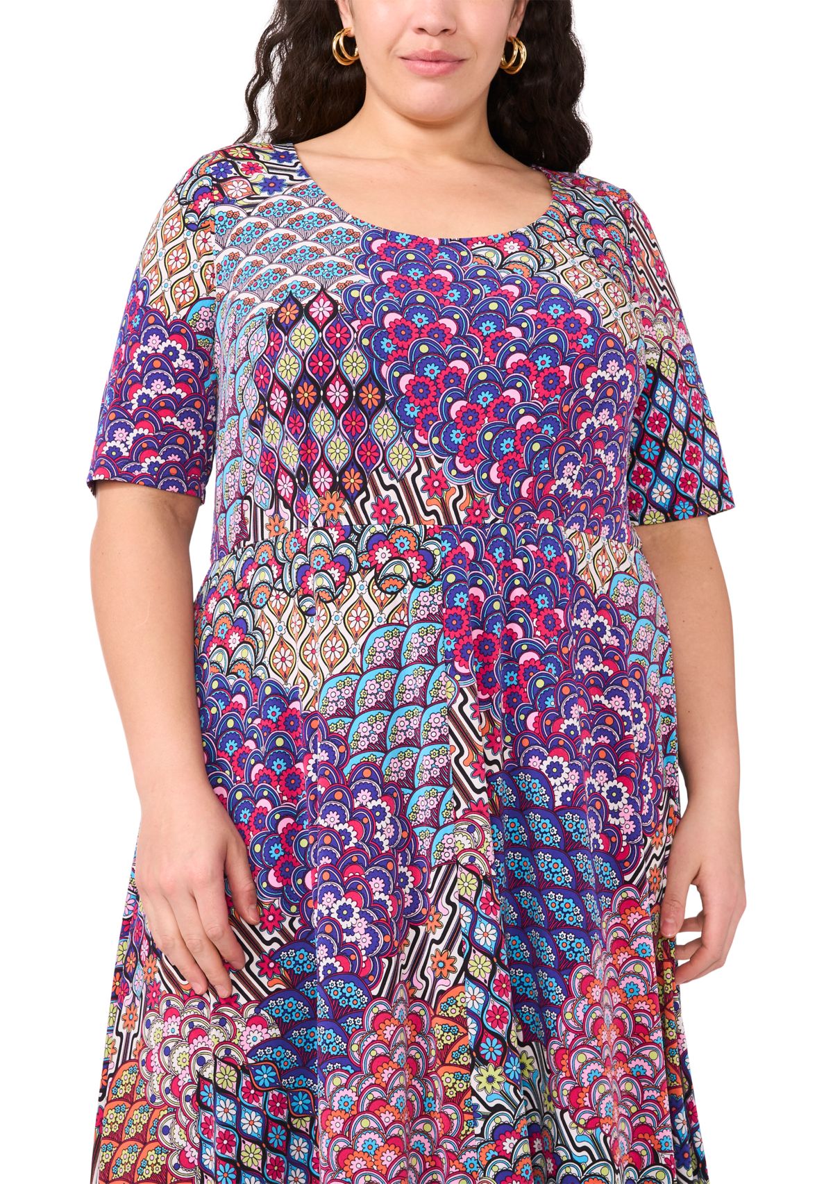 MSK Plus Size Short Sleeve Scoop Neck Abstract Print Midi Dress | Belk