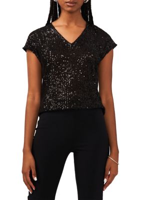 MSK Women's Sequin V-Neck Short Sleeve Top | belk