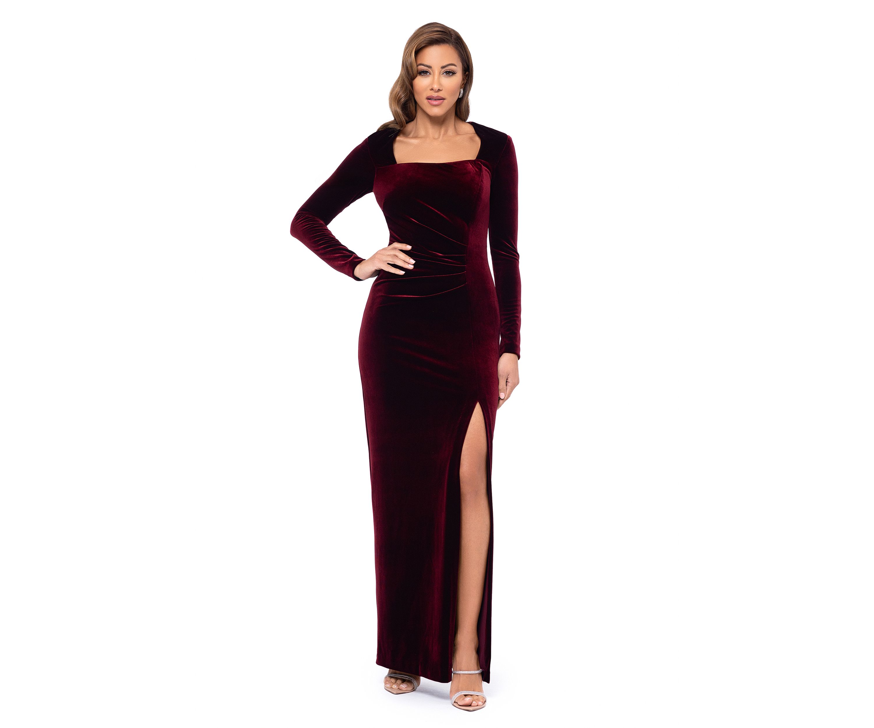 Xscape Women's Square Neck Solid Side Scrunch Slit Gown | Belk
