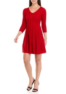 Jessica Howard Women's 3/4 Sleeve V-Neck Cable Fit and Flare Sweater ...