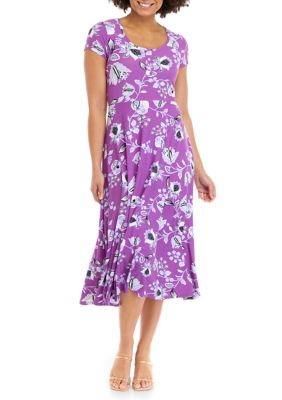52seven Women's Short Sleeve Scoop Neck Stencil Floral Printed Midi ...