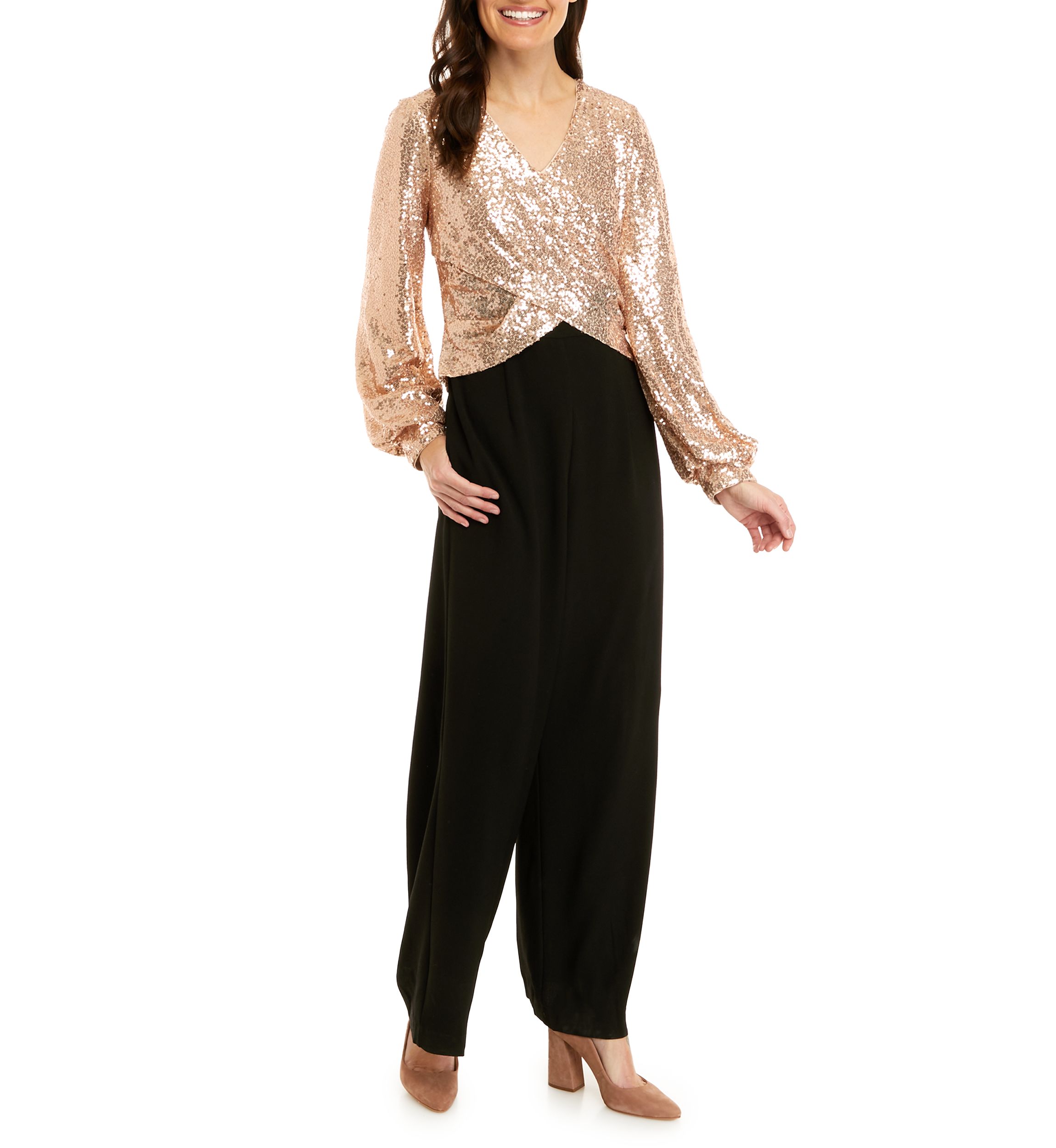 52seven Women's Long Sleeve Surplice Sequin Top 2fer Jumpsuit | Belk
