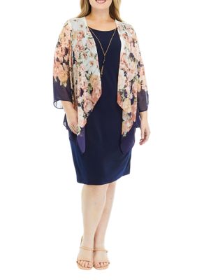 Sandra Darren Plus Size 3/4 Sleeve Printed Chiffon Jacket and Sheath ...