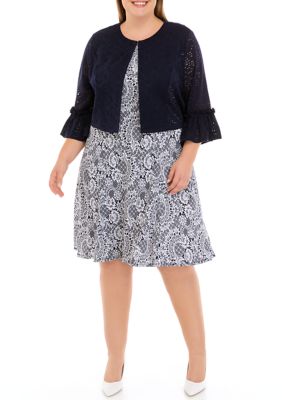 Perceptions Plus Size 3/4 Crocheted Jacket and Lace Dress | belk