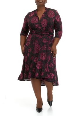 Perceptions Plus Size 3/4 Sleeve Ruched Waist Floral Printed Midi Dress ...