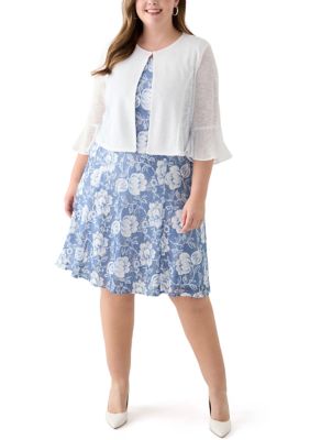 Perceptions Plus Size Floral Print Dress with 3/4 Bell Sleeve Jacket | belk