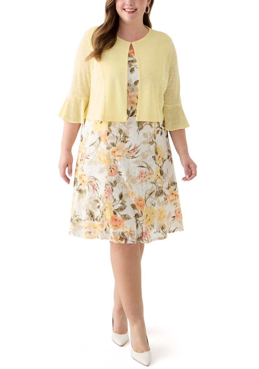 Perceptions Plus Size Floral Print Dress with 3/4 Bell Sleeve Jacket | Belk