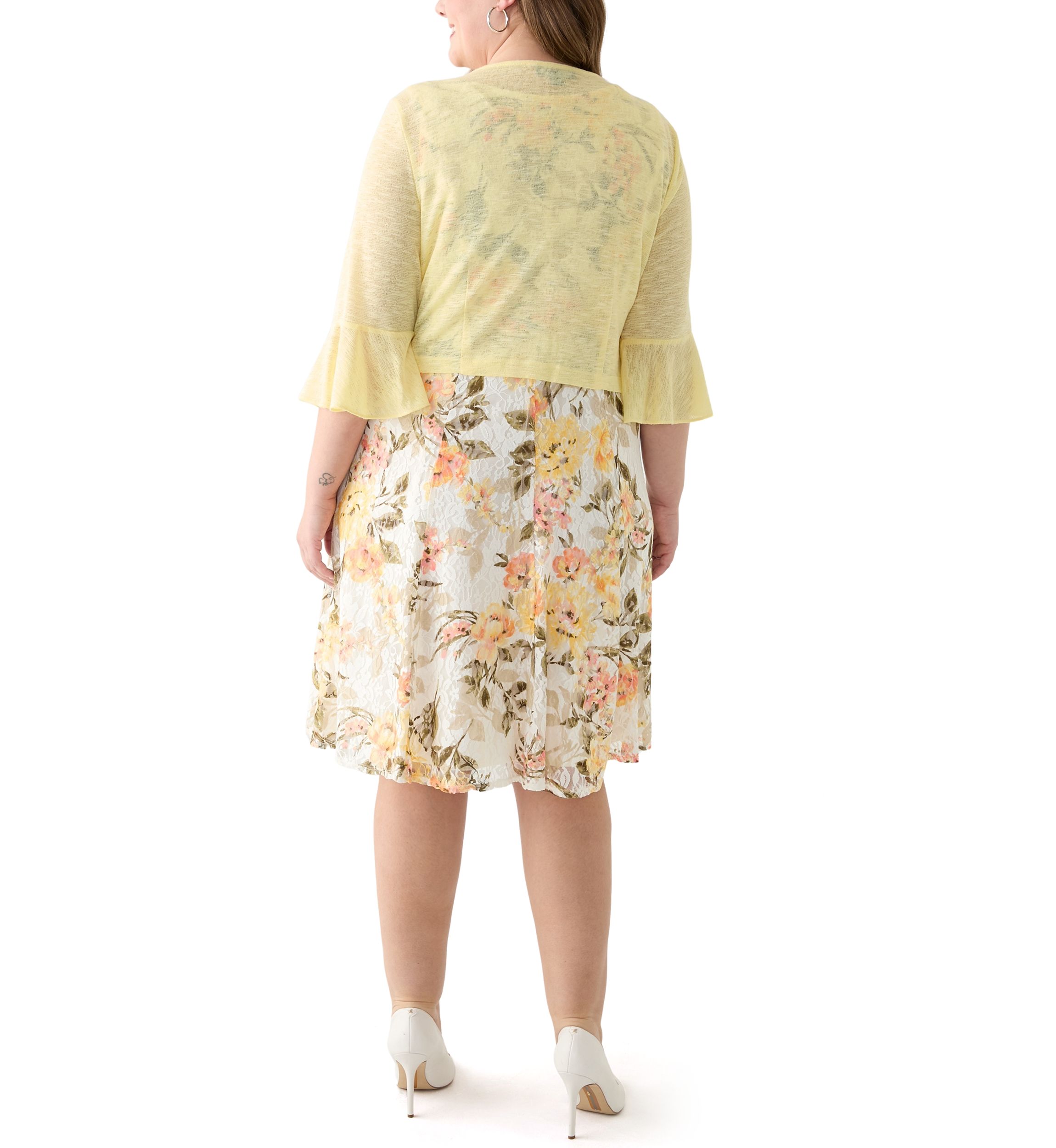 Perceptions Plus Size Floral Print Dress with 3/4 Bell Sleeve Jacket | Belk