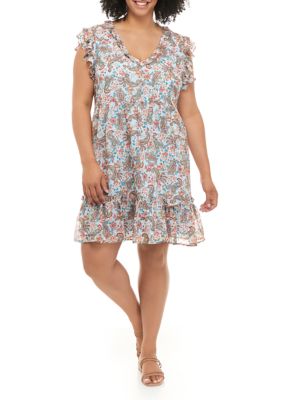 Emma & Michelle Plus Size Short Sleeve Ruffle Printed Woven Babydoll ...