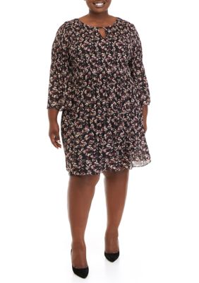 Emma & Michelle Plus Size Flare Sleeve Floral Pleated Dress | belk