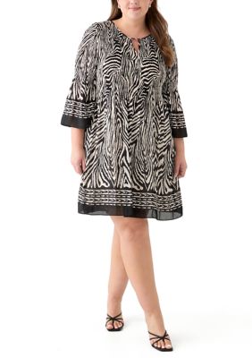 Emma & Michelle Plus Size Long Sleeve Keyhole Neck Printed Pleater ...