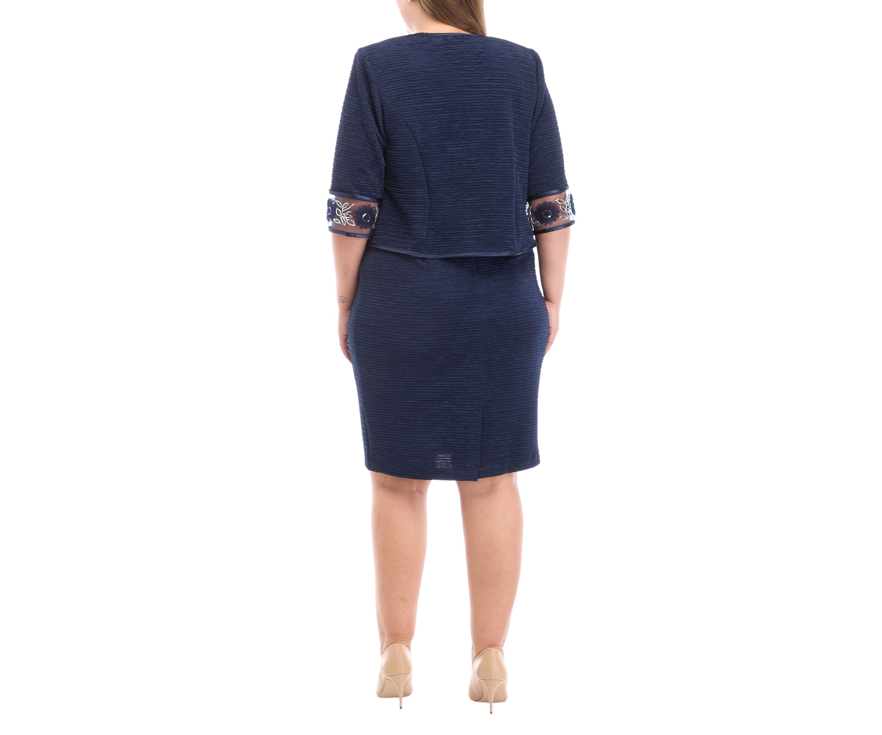 BRIANNA Plus Size Crinkle Knit Jacket Dress with 3D Embroidered Trim ...