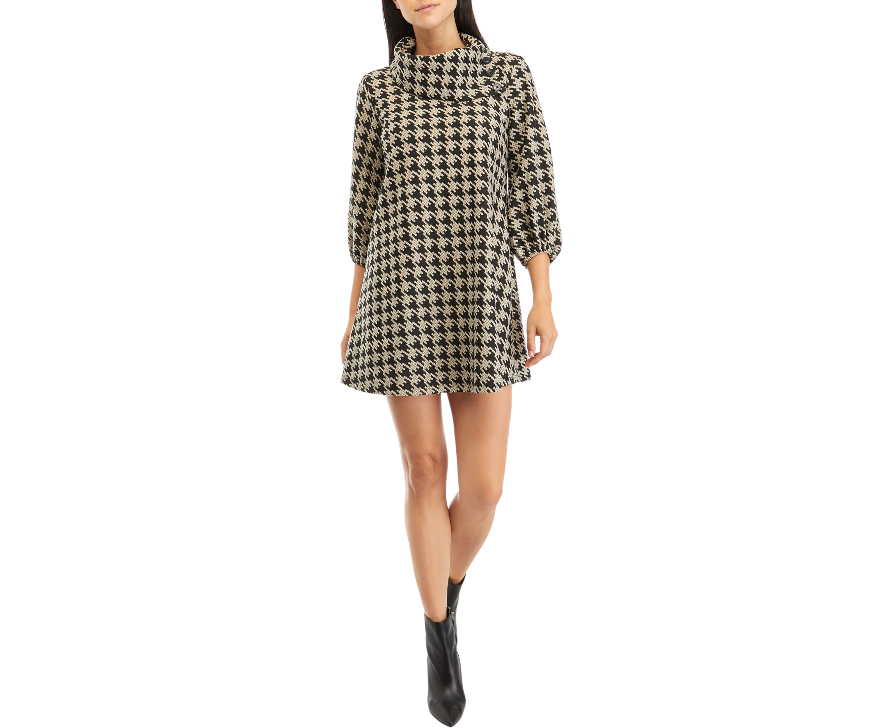 Robbie Bee Women's 3/4 Sleeve Envelope Neck Houndstooth A-Line Cozy ...
