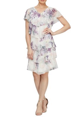 Slny Womens Floral Tier Chiffon Dress With Rhinestone Pin Belk
