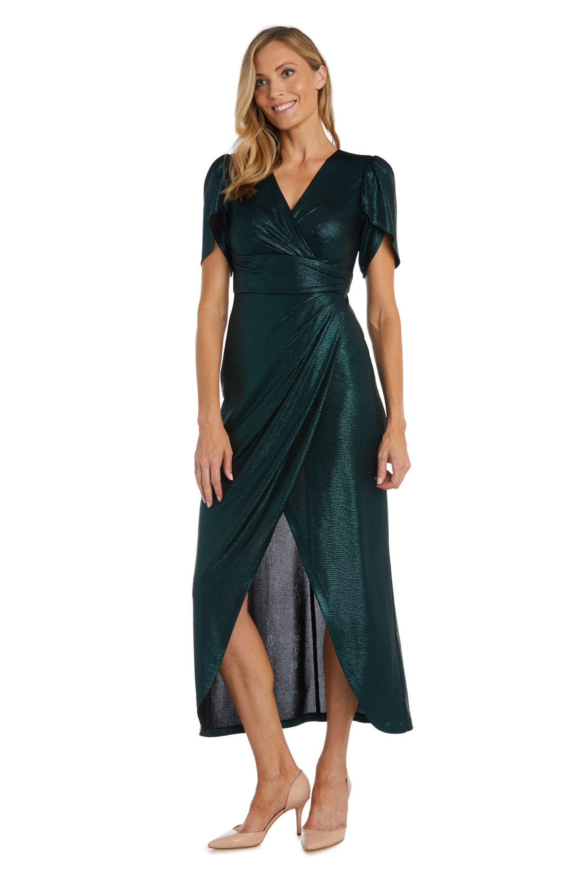 Nightway Long Shimmer W Mock Wrap Front 3 4 Sleeves And Tulip Hemline ...
