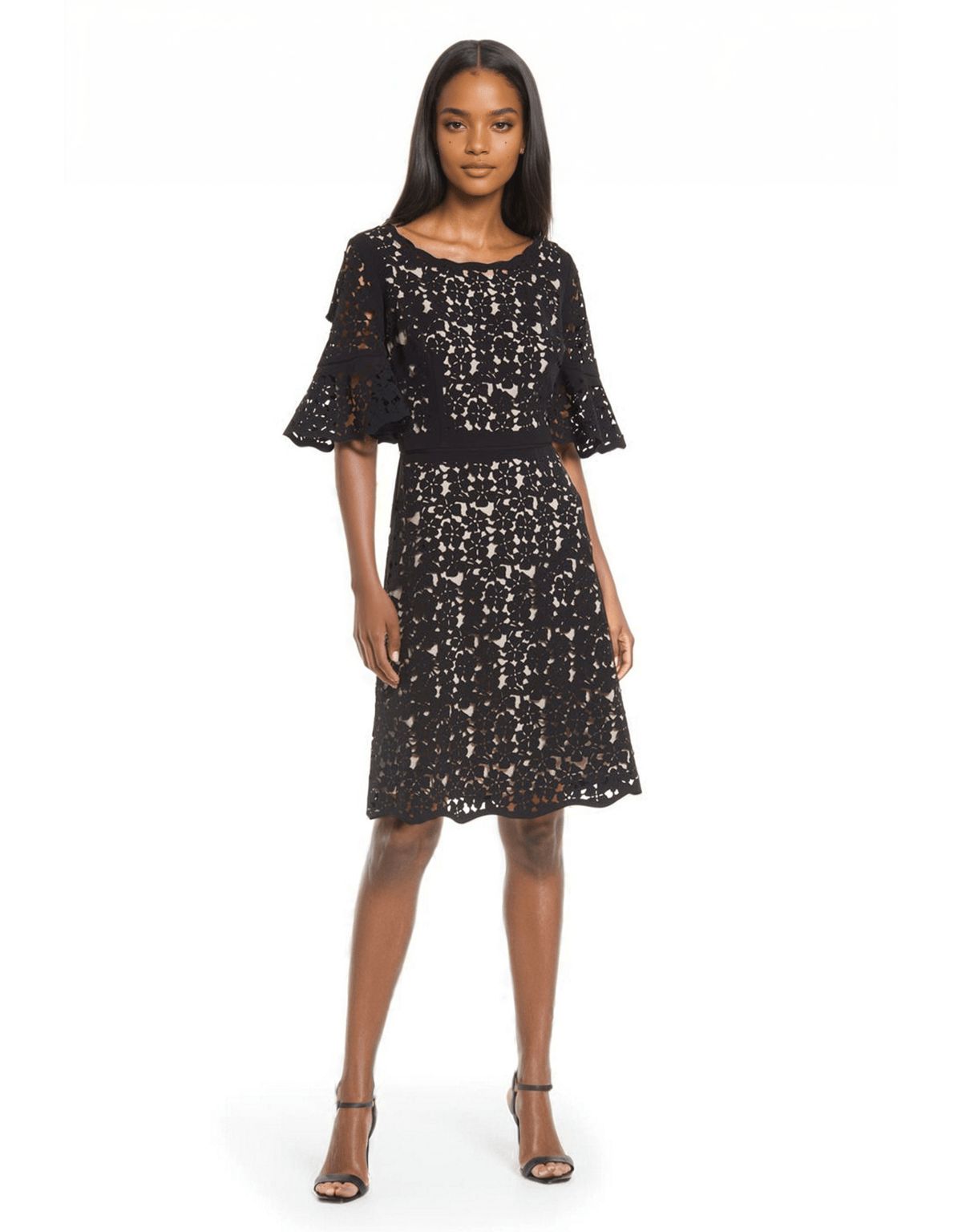 Focus By Shani Laser Cut Dress with Bell Sleeves | Belk
