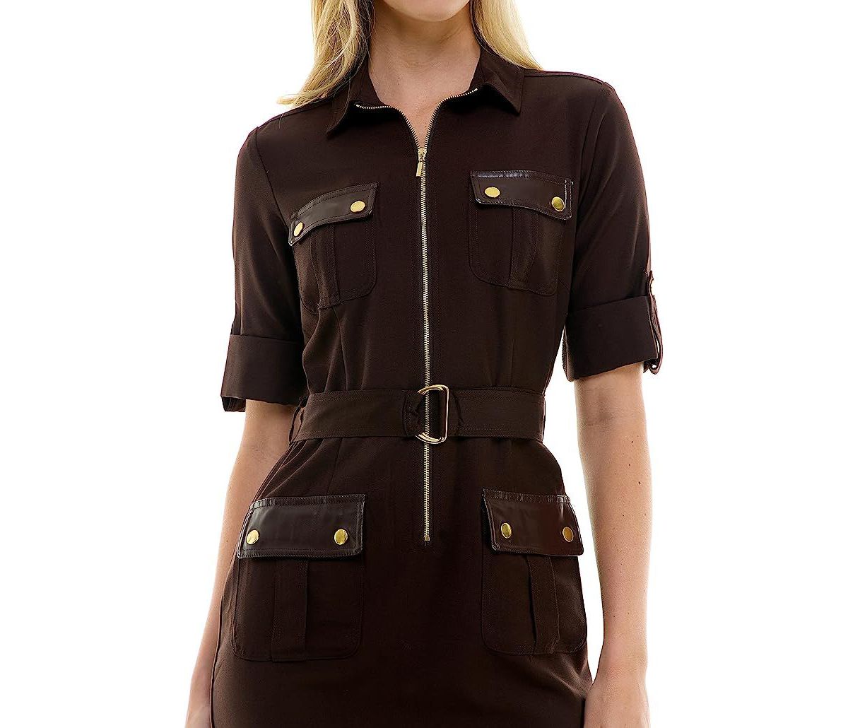 Sharagano Four Pocket Sharkskin Shirtdress with Pleather Trim | Belk