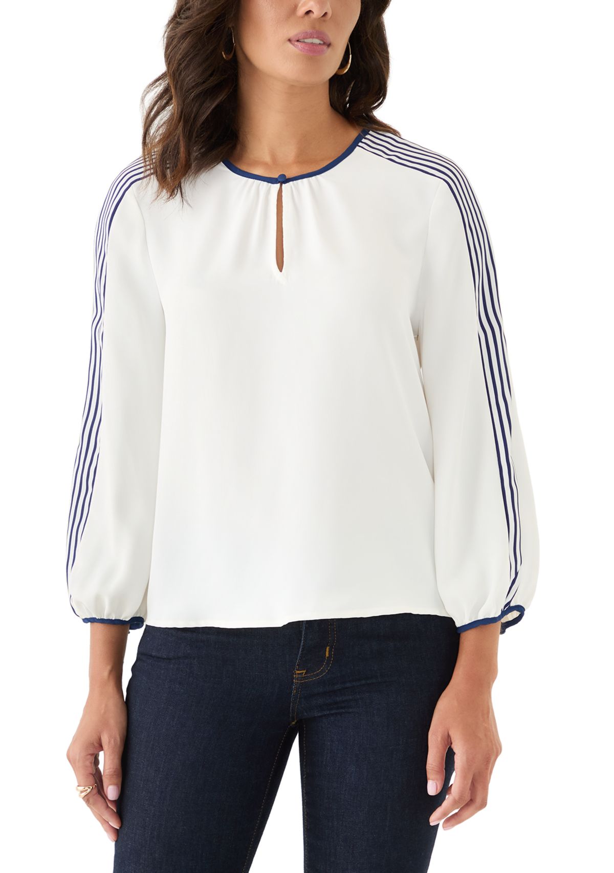 Vince Camuto Women's Long Striped Sleeve Split Neck Blouse | Belk