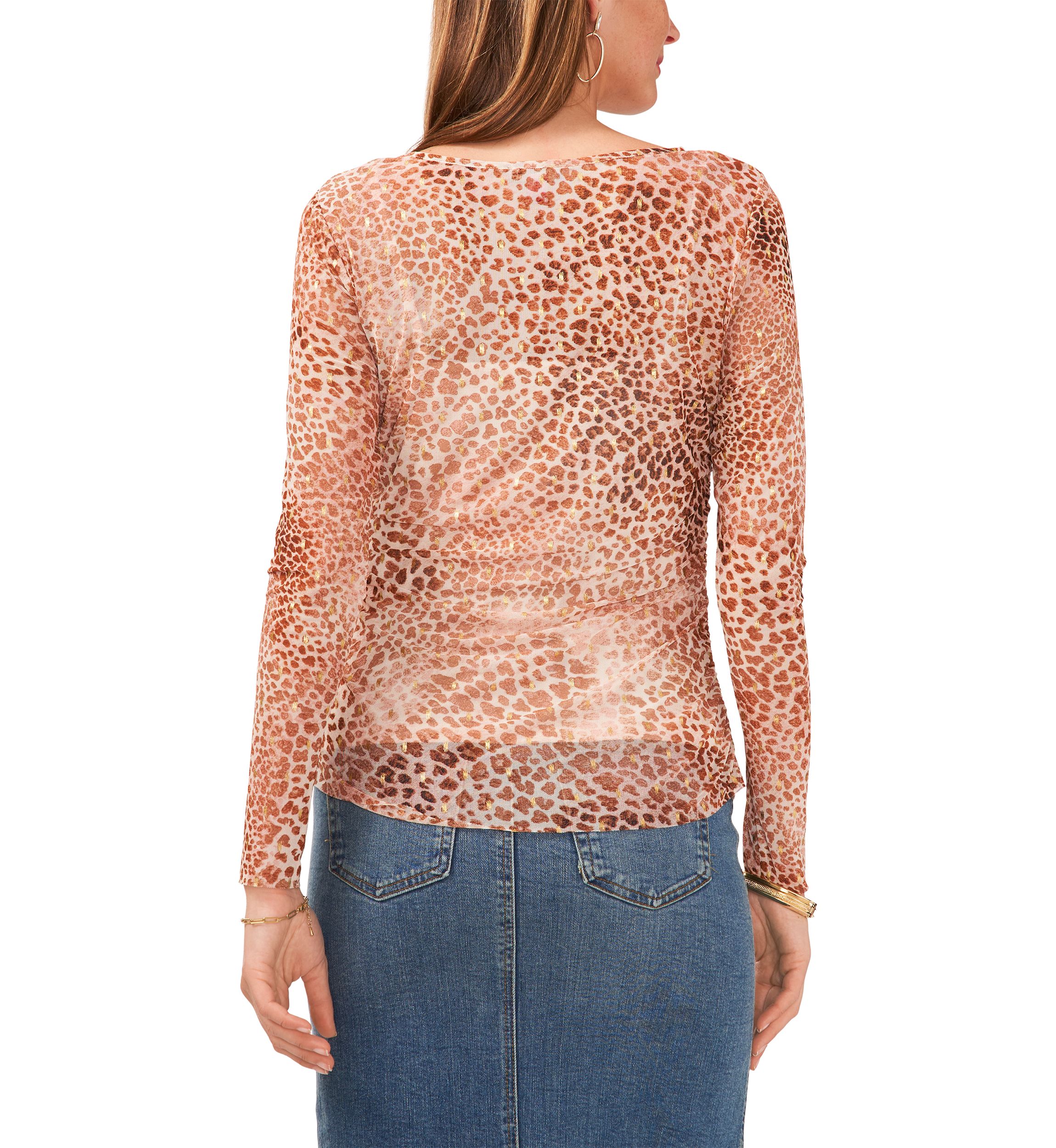 Vince Camuto Women's Long Sleeve Side Ruched Animal Print Mesh Top | Belk