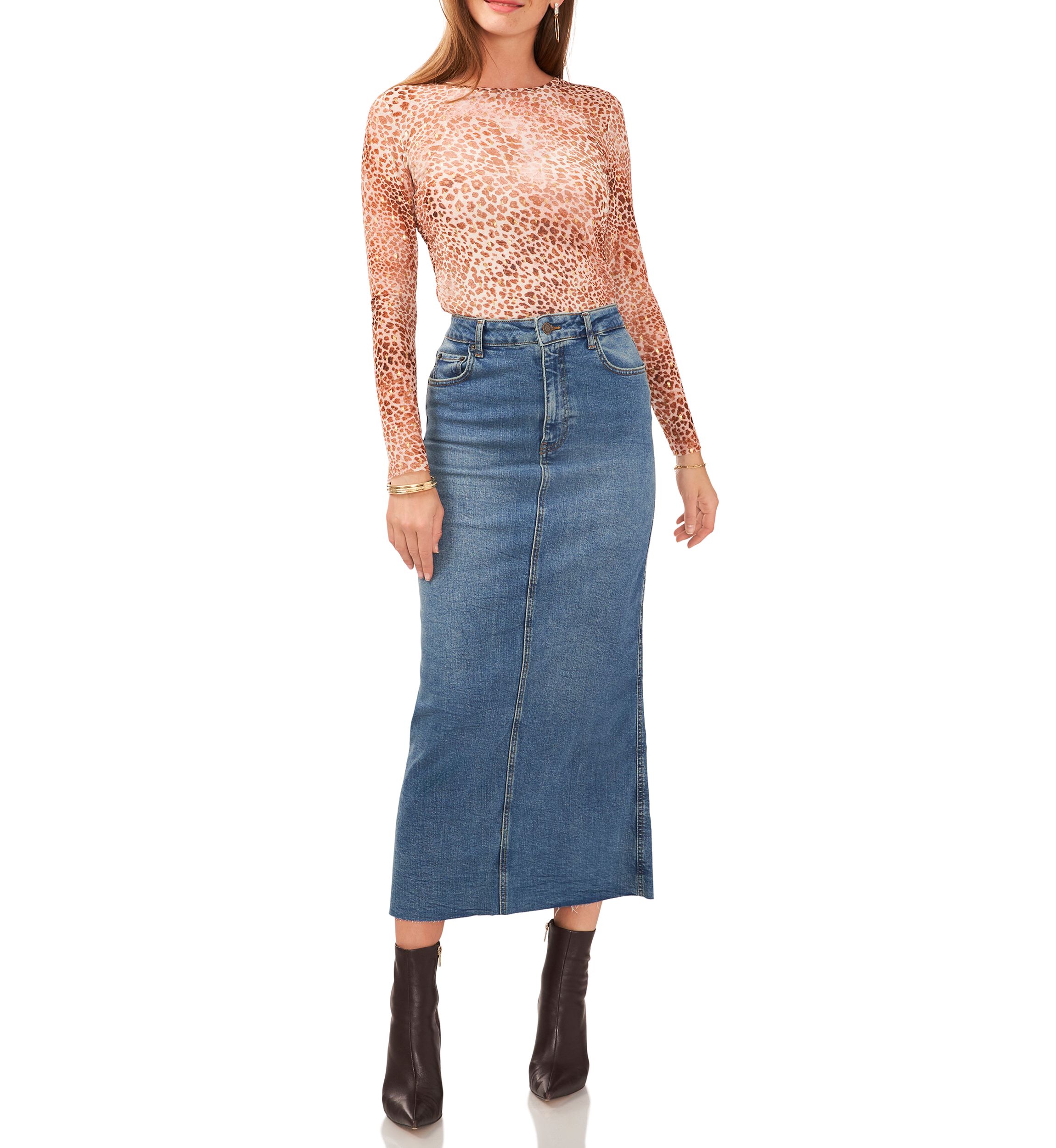 Vince Camuto Women's Long Sleeve Side Ruched Animal Print Mesh Top | Belk