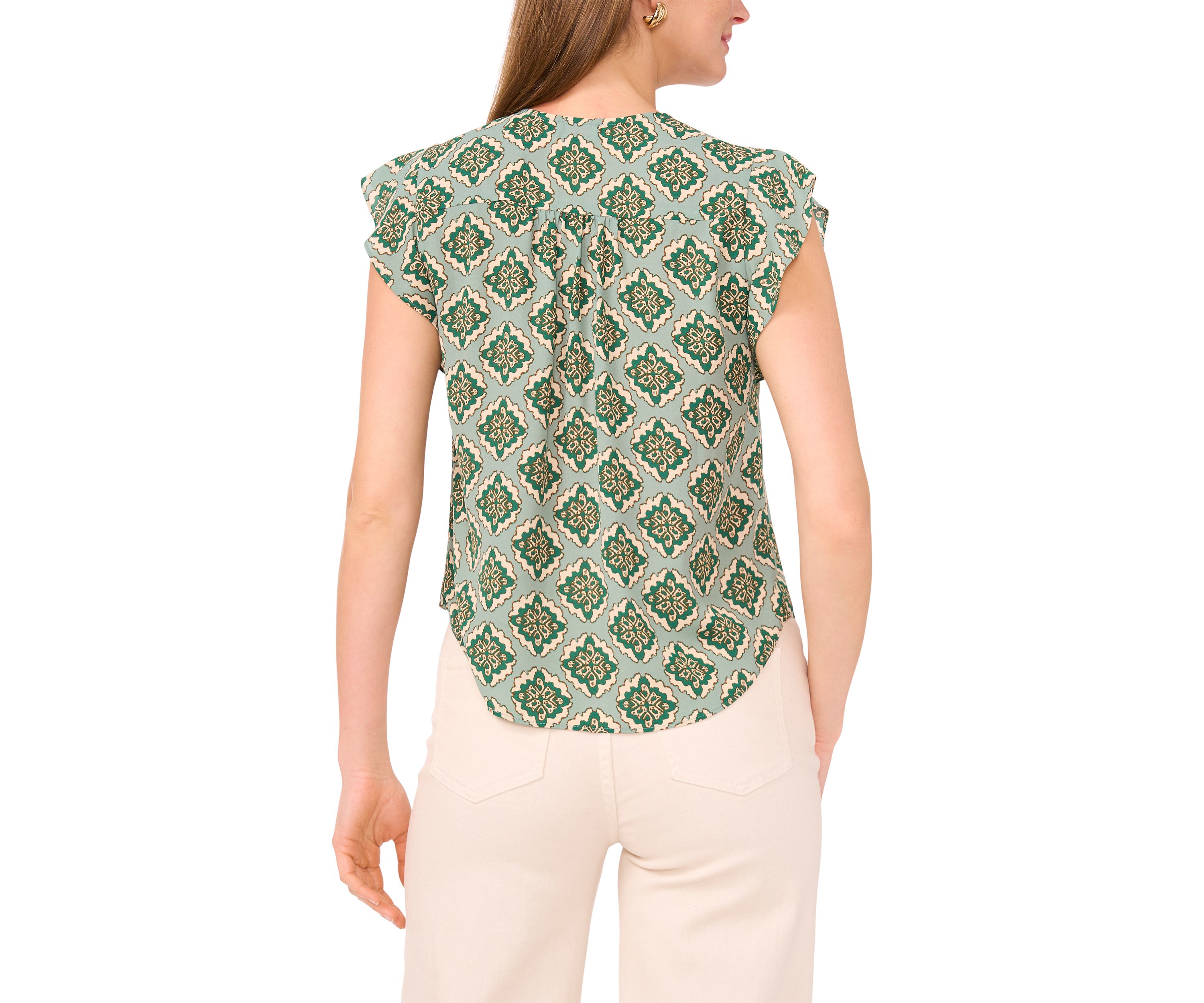Vince Camuto Petite Flutter Sleeve V-Neck Printed Blouse | Belk
