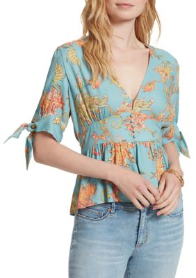 Jessica Simpson Elbow Tie Sleeve V-Neck Printed Woven Blouse | belk