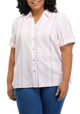 Alfred Dunner Plus Size Short Sleeve Clip Dot Button Down Shirt | belk