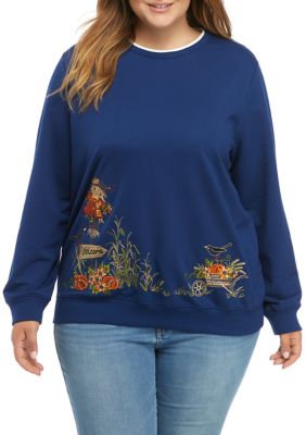 Alfred Dunner Plus Size Classics Long Sleeve Crew Neck French Terry Scarecrow Appliqué Knit Top