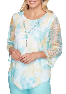 Alfred Dunner Petite Spring Lake Floral Mesh Knit Top | belk