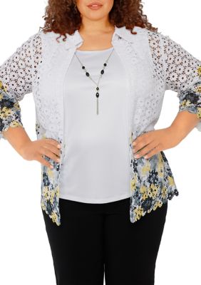 Alfred Dunner Plus Size 3/4 Sleeve Lace Border 2Fer Top | belk