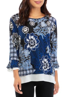 Alfred Dunner Women's Floral Printed Woven Trim Knit 2Fer Top | belk