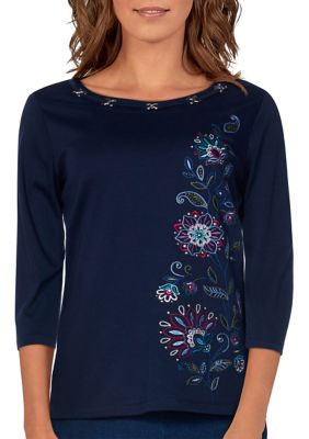 Alfred Dunner Plus Size 34 Sleeve Asymmetrical Embroidered Top Belk