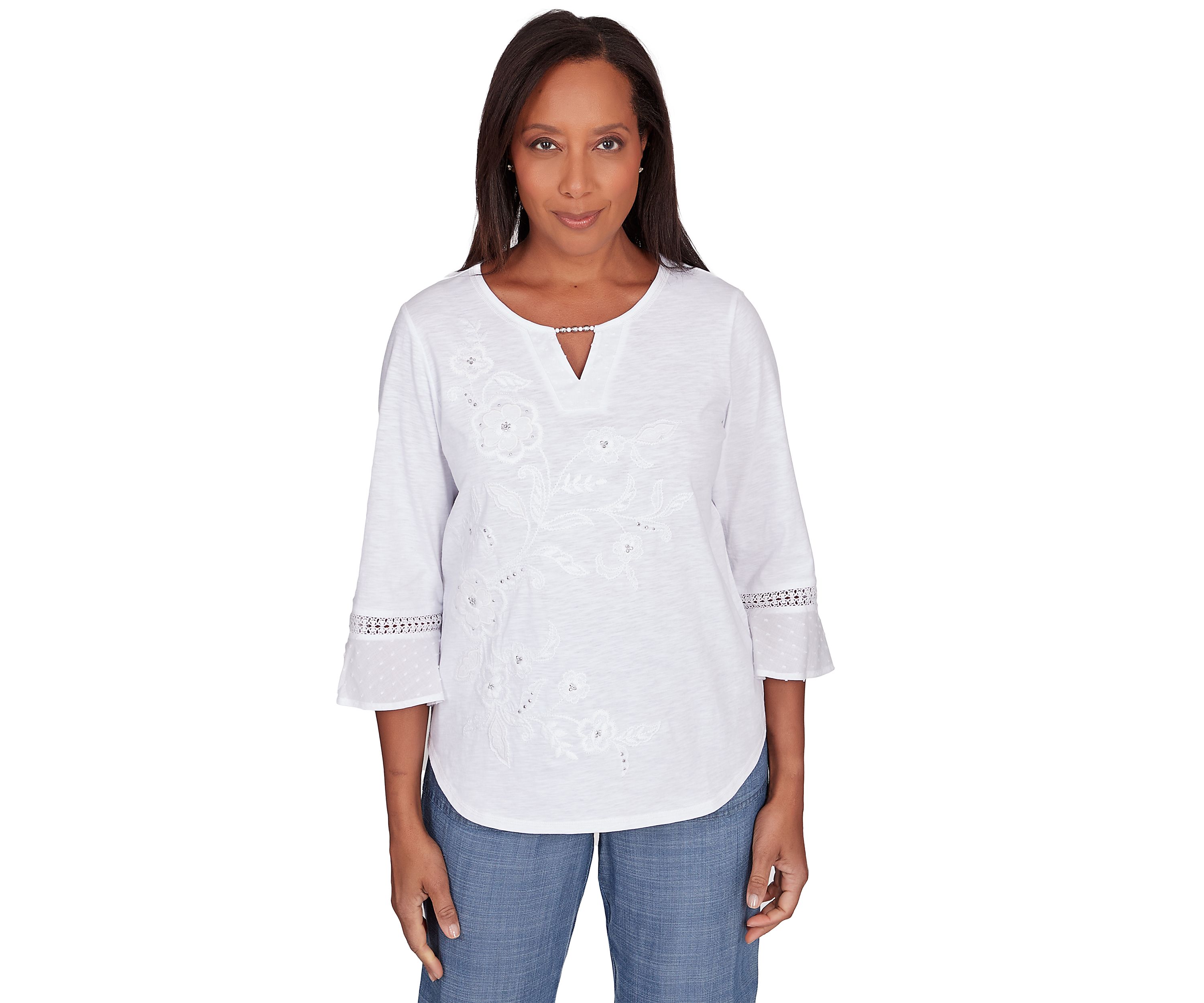 Alfred Dunner Petite Blue Bayou White On White Flowers Top | Belk