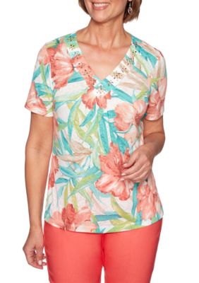 Alfred Dunner Coastal Drive Tropical Flowers Knit Top | belk
