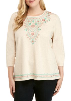 Alfred Dunner Plus Size Coastal Drive Embroidered Yoke Knit Top | belk