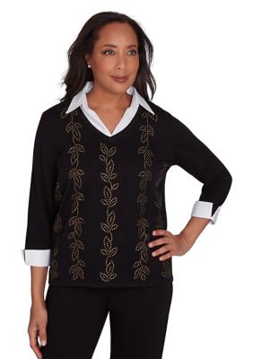 Alfred Dunner Women's Rue Rivoli Heat Set Leaf Woven Trim 2Fer Top | belk