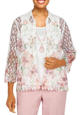 Alfred Dunner Women's Floral Lace Two for One Shirt with Necklace | belk