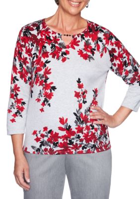 Alfred Dunner Petite Well Red Fall Flowers Sweater | belk