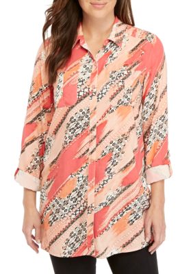 New Directions® Long Roll-Tab Sleeve Collar Print Top | belk