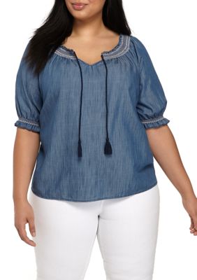 New Directions® Plus Size Embellished Puff Sleeve Peasant Blouse | belk