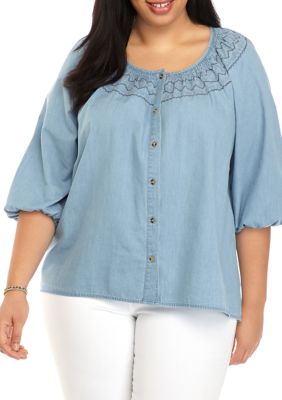 New Directions® Plus Size Embroidered Smock Neck Peasant Top | belk